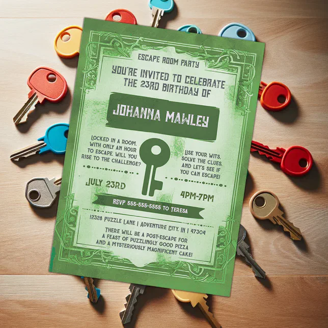 Green Grunge Escape Room Key Birthday Party Invitation | Zazzle
