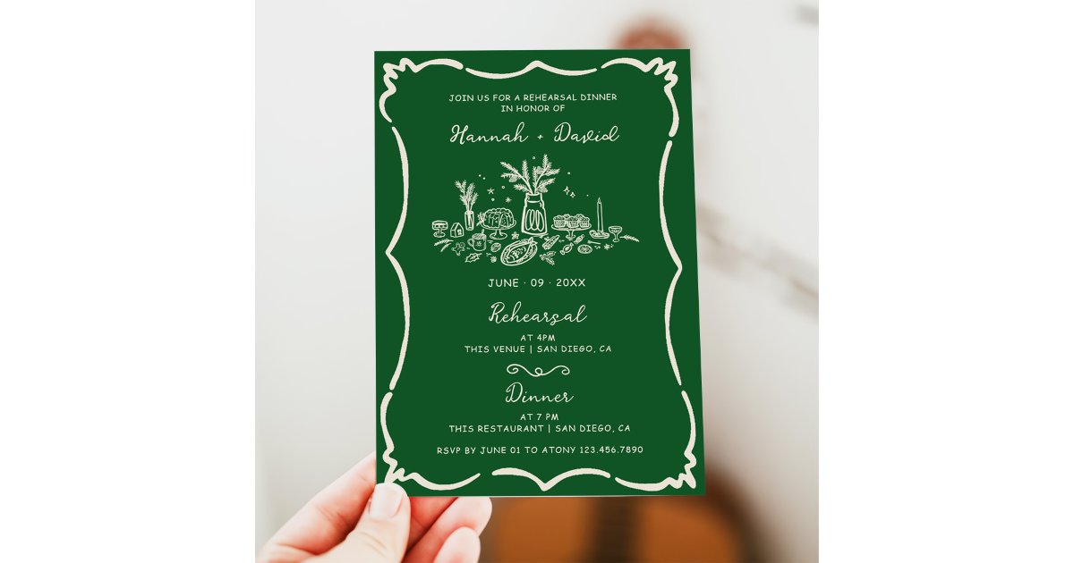Green Hand Drawn Modern Rehearsal Dinner Table Invitation | Zazzle