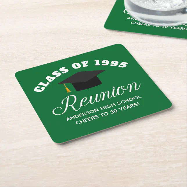 Green High School Reunion Personalized Party Square Paper Coaster | Zazzle