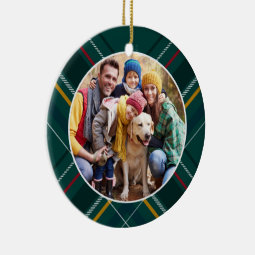 Green holiday plaid frame family photo Christmas Ceramic Ornament | Zazzle