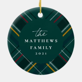 Green holiday plaid frame family photo Christmas Ceramic Ornament | Zazzle