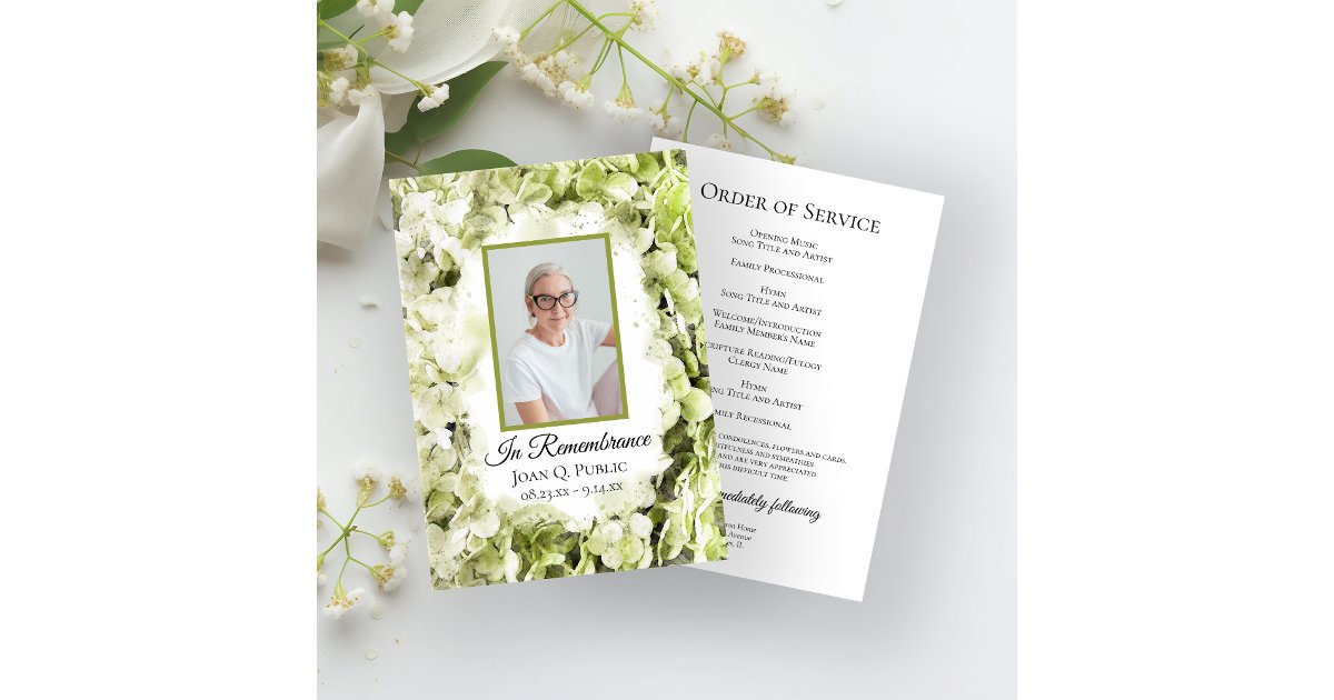 Green Hydrangea Flowers Funeral Memorial Service Program | Zazzle