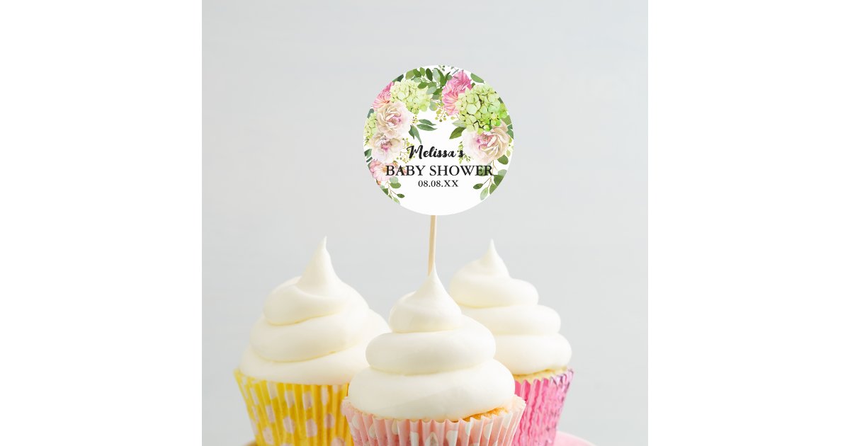 Green hydrangea pink florals cupcake toppers classic round sticker | Zazzle