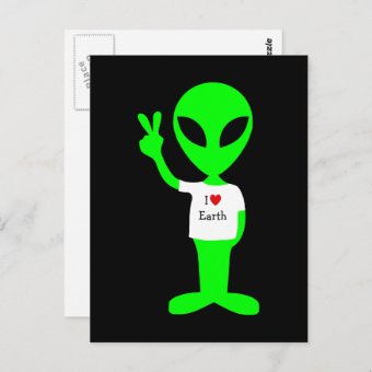 Green "I Love Earth" Alien Postcard | Zazzle