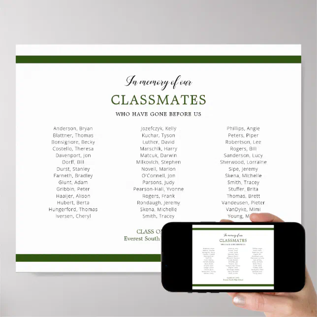 Green In Memory Of Our Classmates School Reunion Poster | Zazzle