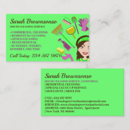 Green Janitor Woman Cartoon House Cleaning Business Card | Zazzle