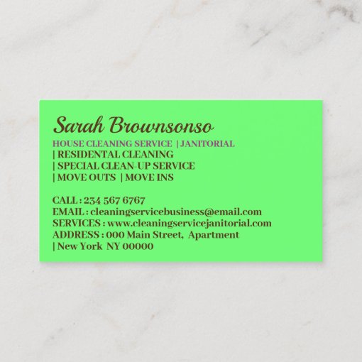 Green Janitor Woman Cartoon House Cleaning Business Card | Zazzle
