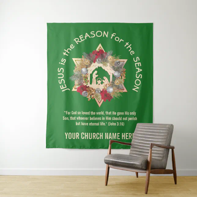Green JESUS IS THE REASON Christmas Tapestry | Zazzle