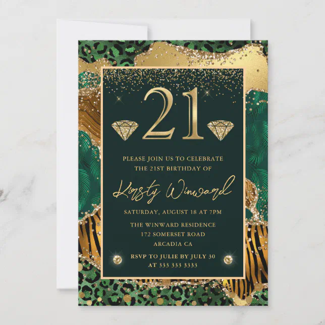 Green Jungle Animal Print Agate 21st Birthday Invitation | Zazzle