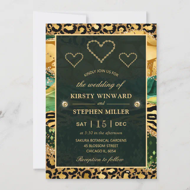 Green Jungle Safari Glitter Agate Wedding Invitation | Zazzle