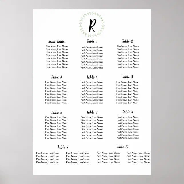 Green Laurel - Wedding Table Assignments Poster | Zazzle