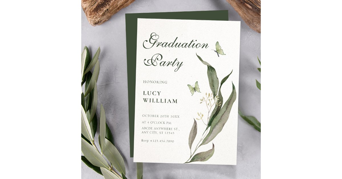 Green leaf Aesthetic elegant graduation Invitation | Zazzle