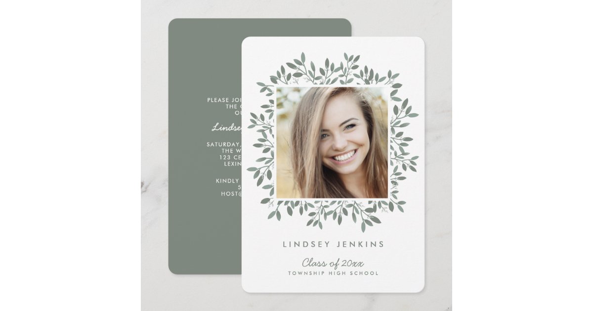 Green Leaf Grad Photo Graduation Party Invitation | Zazzle