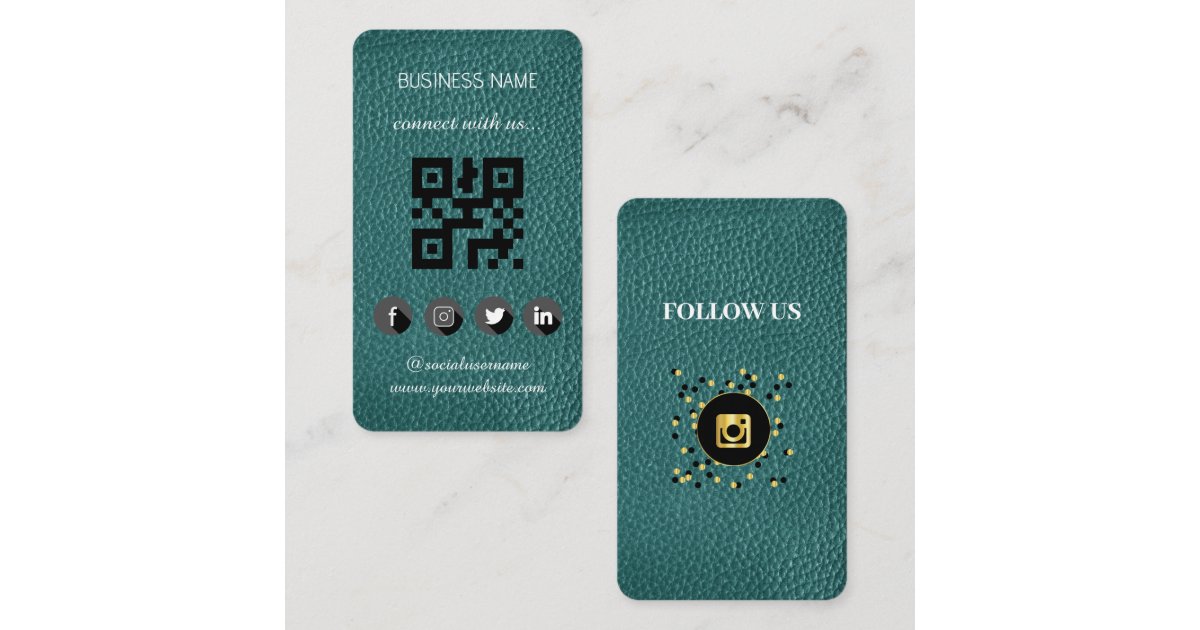 Green leather -Social Media QR Code Business Card | Zazzle
