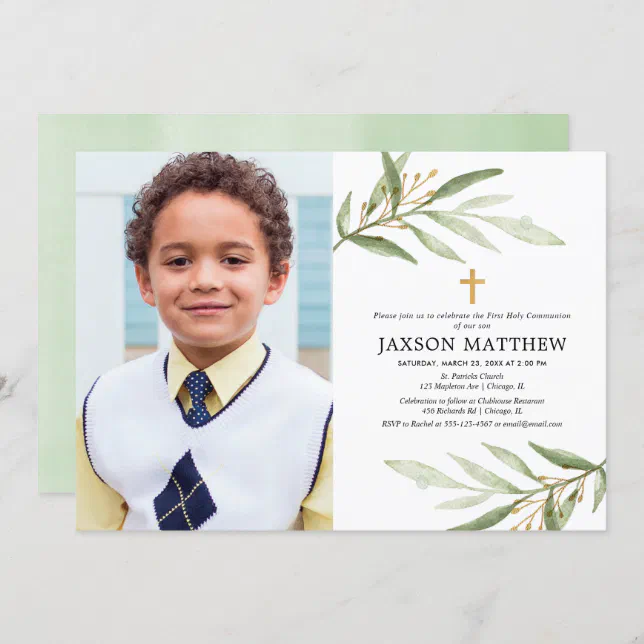 Green leaves first holy communion greenery photo invitation | Zazzle