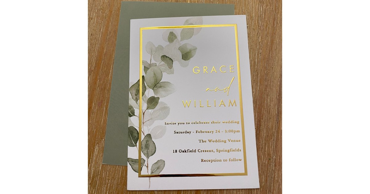 Green Leaves Gold Foil Border Modern Wedding Foil Invitation | Zazzle
