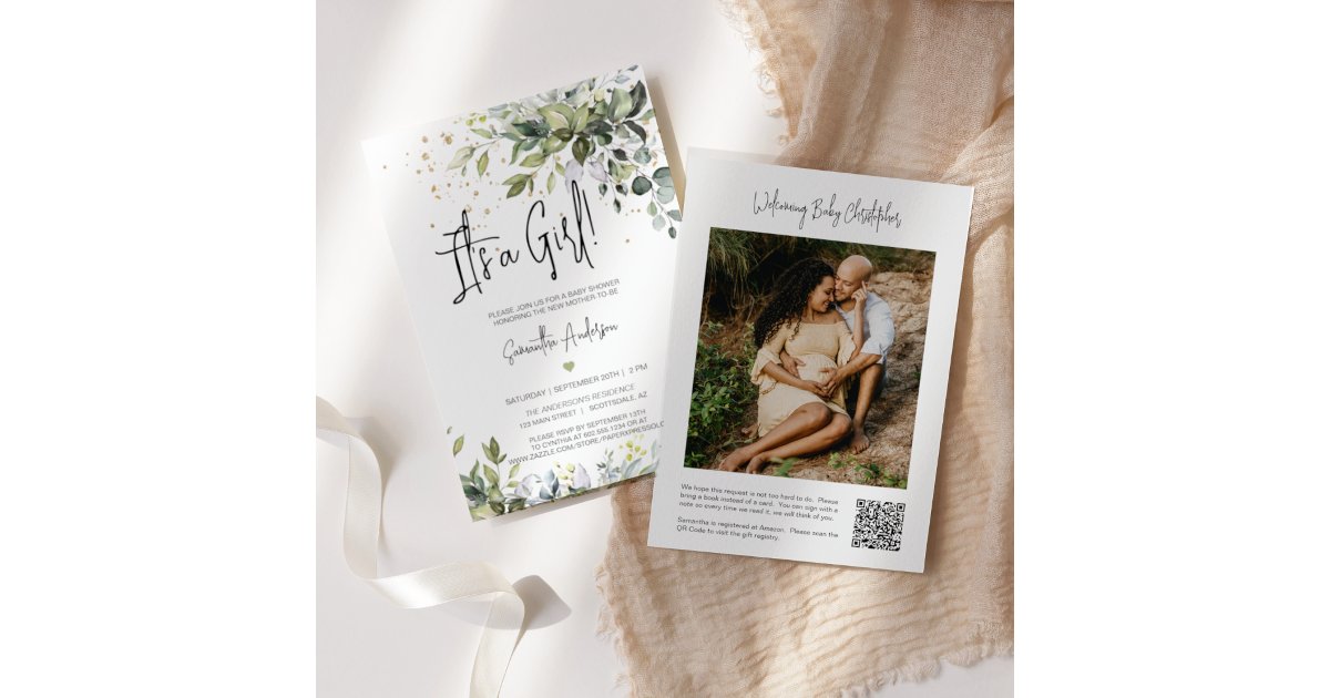 Green Leaves It's a Girl Baby Shower QR Code Photo Invitation | Zazzle