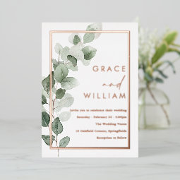 Green Leaves Rose Gold Foil Border Wedding Foil Invitation | Zazzle