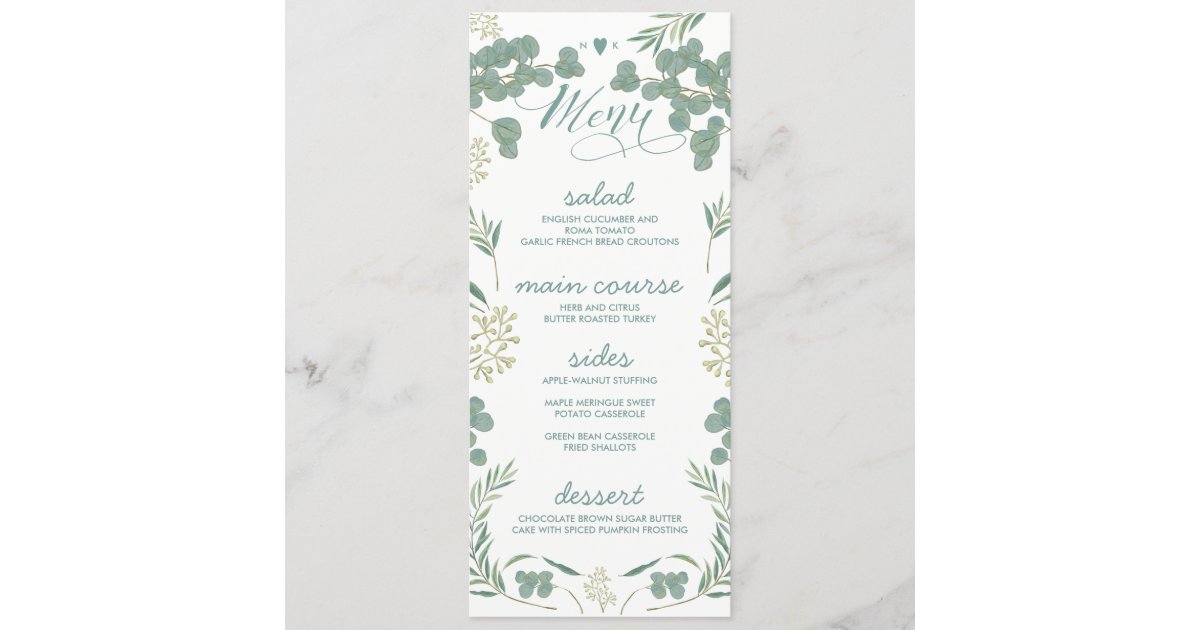 Green Leaves Rustic Wedding Menu Cards | Zazzle