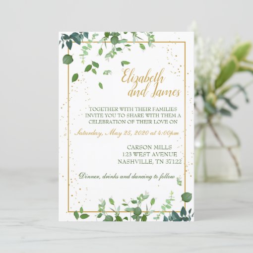 green leaves with gold border invitation | Zazzle