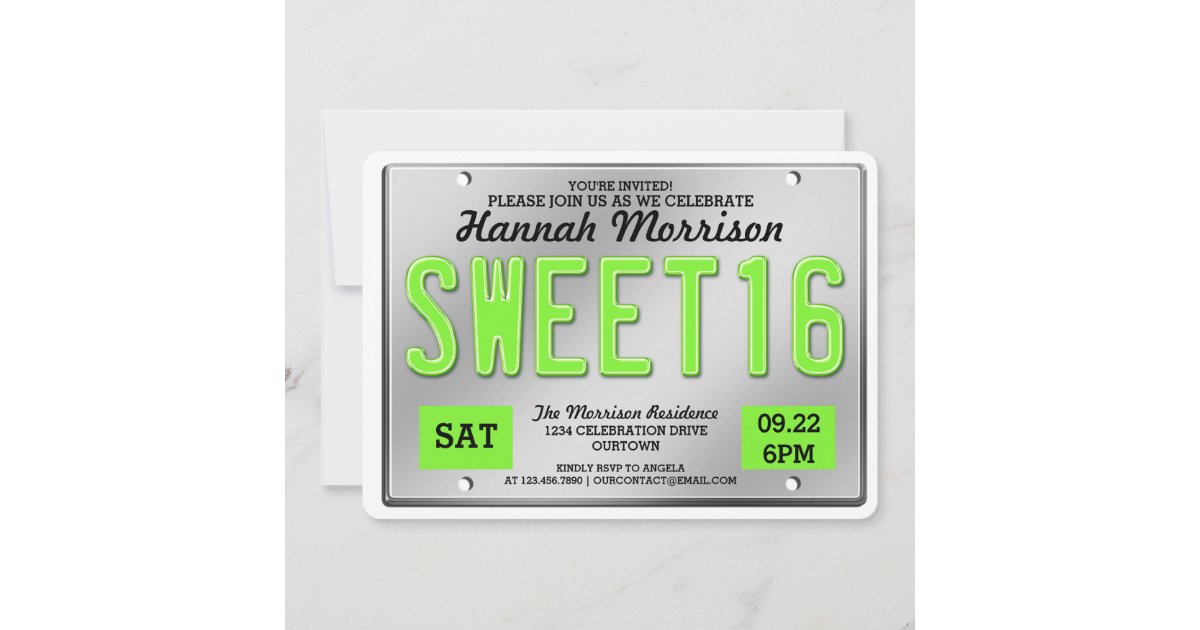 Green License Plate Sweet 16 Party Invitations | Zazzle