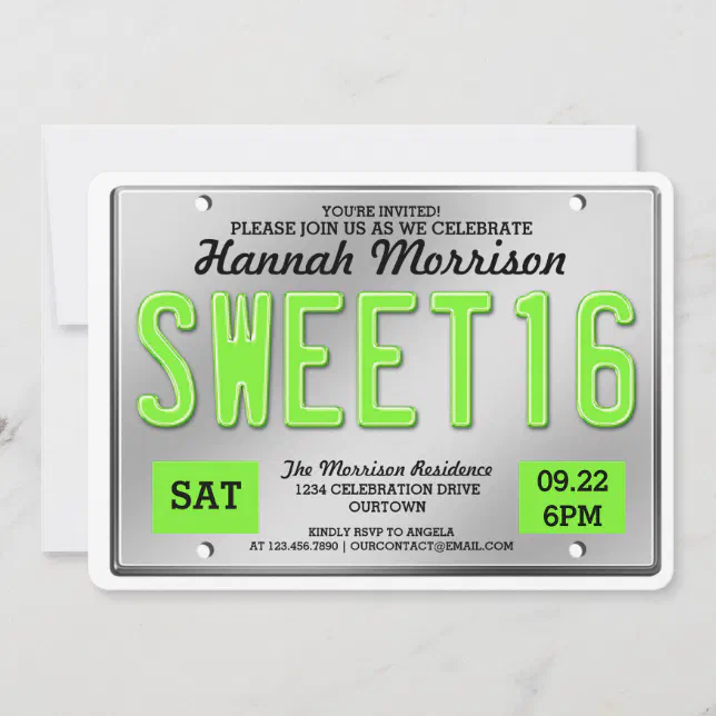 Green License Plate Sweet 16 Party Invitations | Zazzle