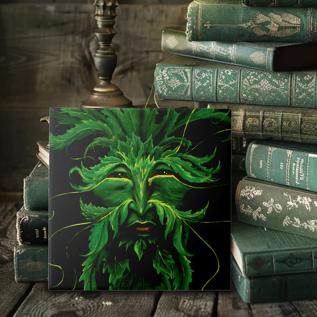 Green Man Fae Leaves Black Ceramic Tile | Zazzle