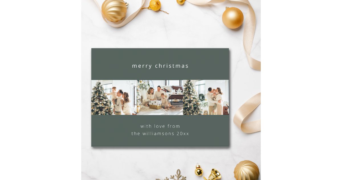 Green Merry Christmas 4 Photo Collage Horizontal Holiday Card | Zazzle
