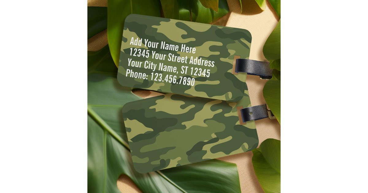 Green Military Camo Pattern with name and address Luggage Tag | Zazzle