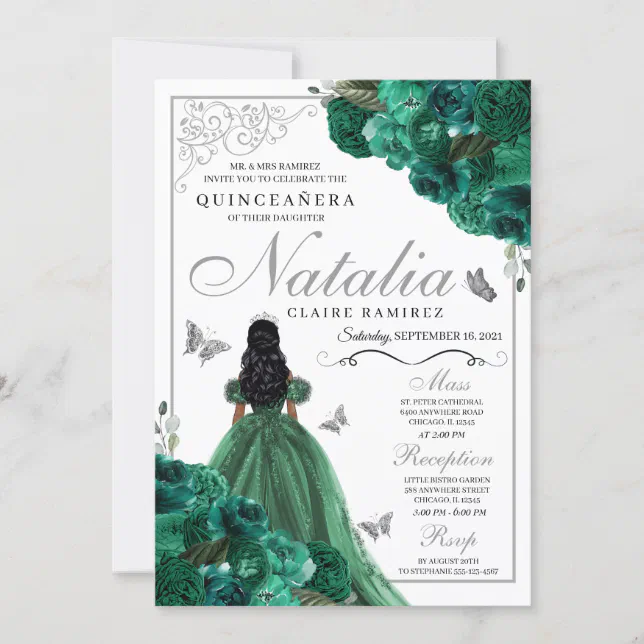 Green Mis Quince Anos Princess Dress Butterflies Invitation | Zazzle