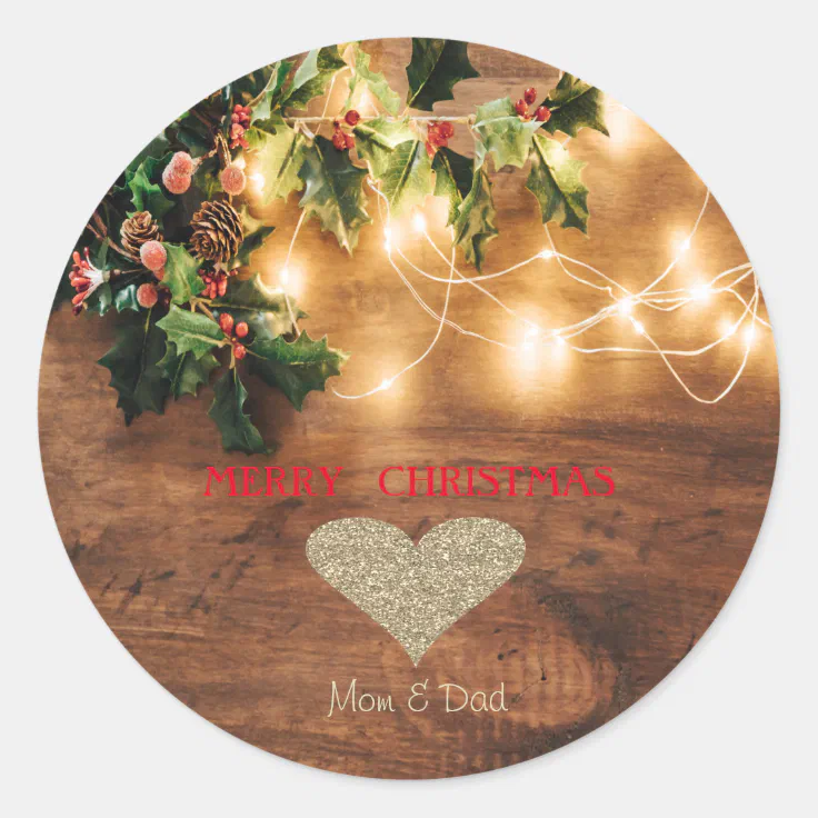 Green Mistletoe,String Lights,Wood Christmas Classic Round Sticker | Zazzle
