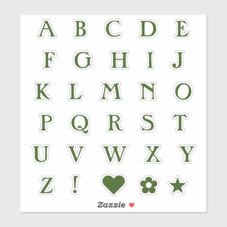 Green Monogram Text Letters | Alphabet Heart Star Sticker | Zazzle