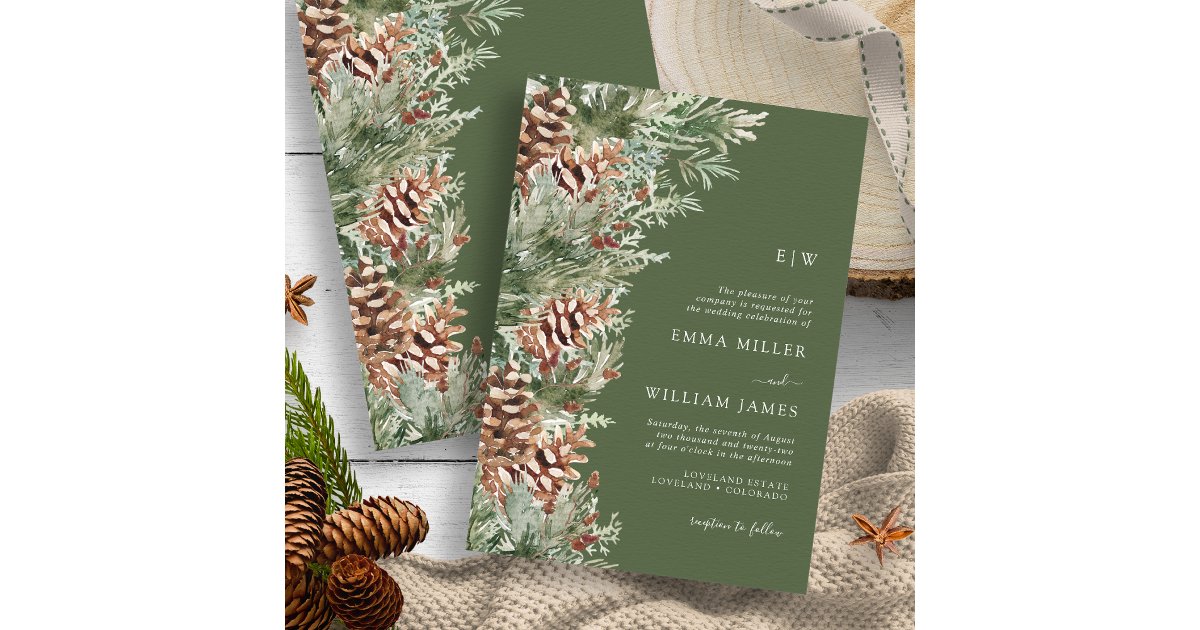 Green Monogrammed Pine Wedding Invitation | Zazzle