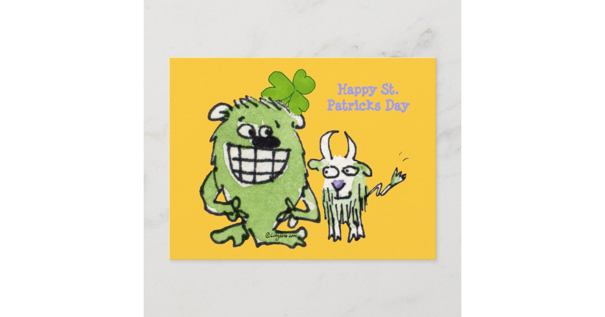 Green Monster Goat Shamrock Cartoon Postcards | Zazzle