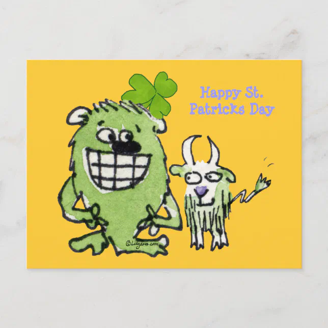 Green Monster Goat Shamrock Cartoon Postcards | Zazzle