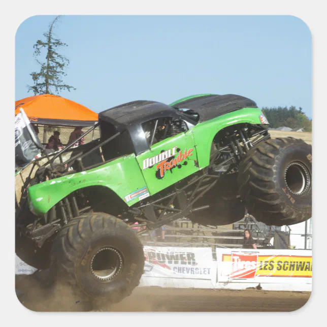 Green Monster Truck In Action Square Sticker | Zazzle