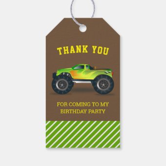 Green Monster Truck Kids Birthday Party Favor Gift Tags | Zazzle