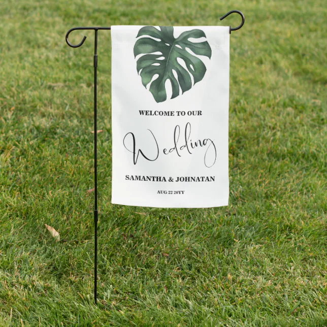 Green Monstera Leaf Wedding welcome Banner Garden Flag | Zazzle