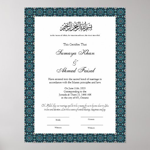 Green muslim style nikahnama poster | Zazzle