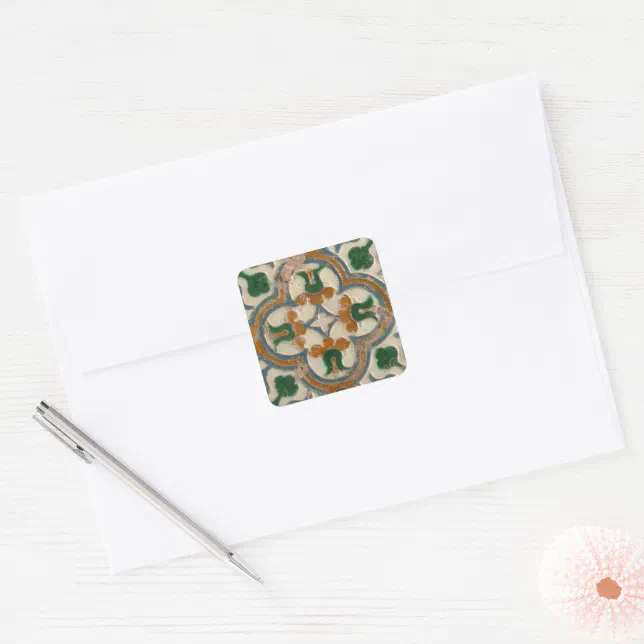 Green mustard Spanish floral Geometric Azulejos Square Sticker | Zazzle