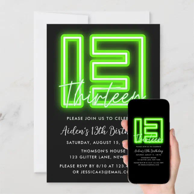 Green Neon 13th Birthday Invitation | Zazzle