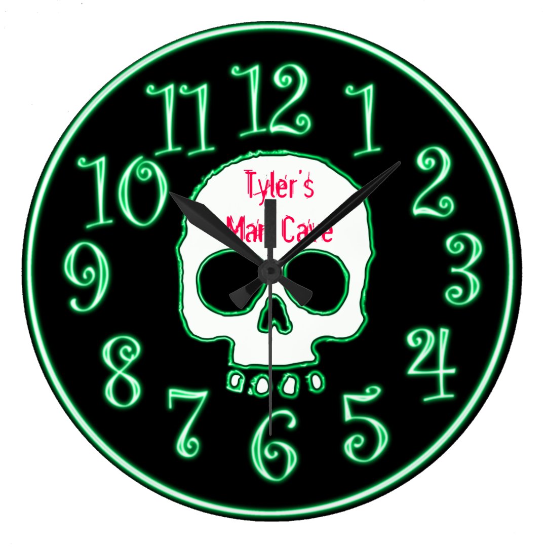 Green Neon Skull Custom Name Man Cave Clock | Zazzle