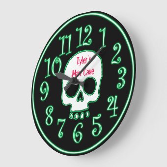 Green Neon Skull Custom Name Man Cave Clock | Zazzle