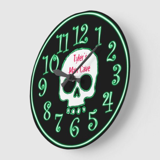 Green Neon Skull Custom Name Man Cave Clock | Zazzle