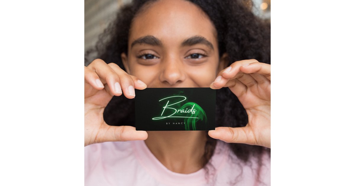 Green Neon & Smoke Braids Handwritten Script Business Card | Zazzle