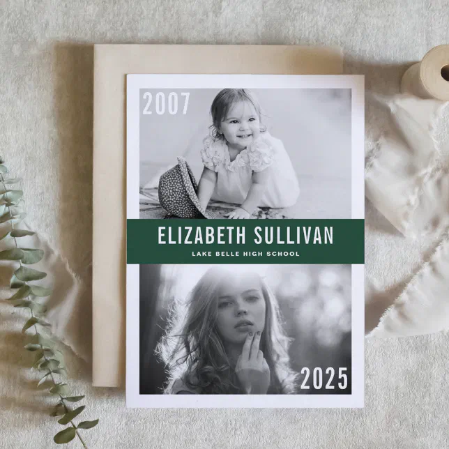 Green Now and Then Photo Collage Graduation Invitation | Zazzle
