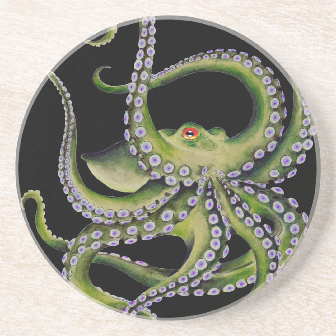 Green Octopus Black Coaster | Zazzle