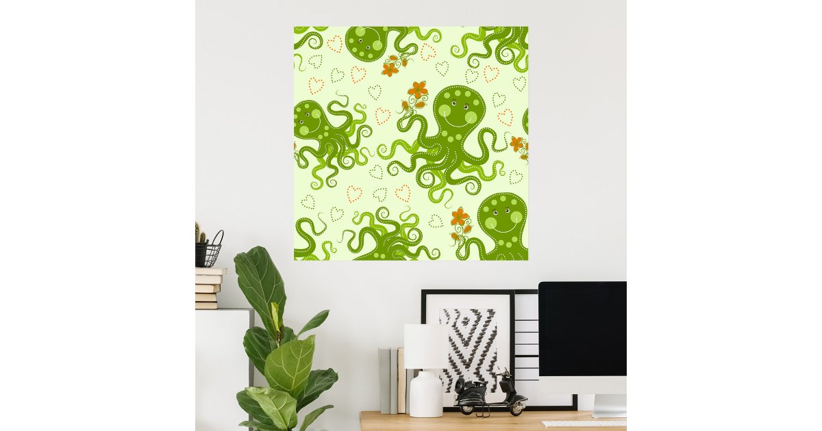 Green Octopuses With Flowers Poster | Zazzle