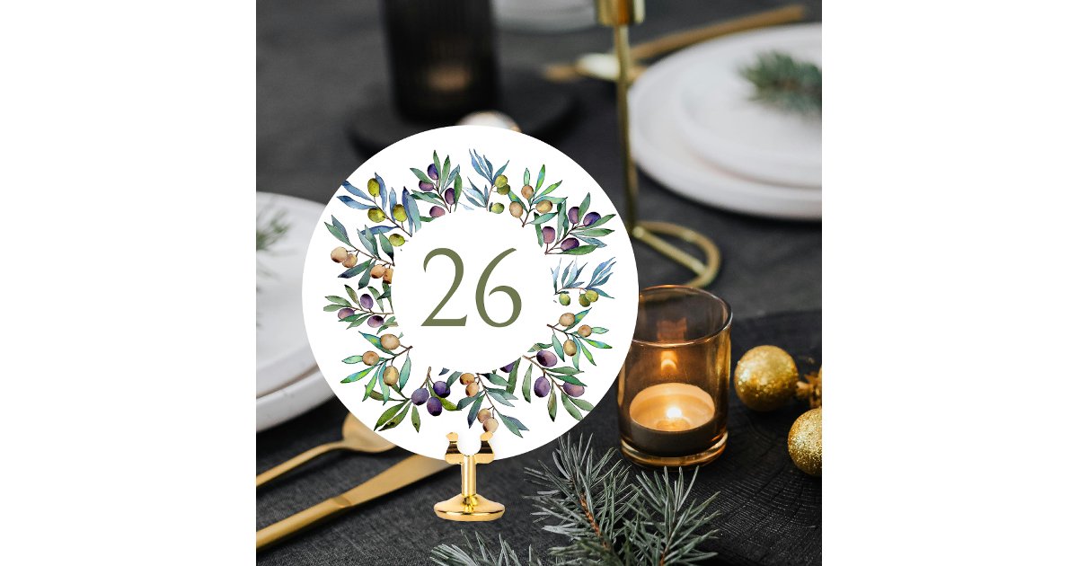Green Olive Branches Tuscan Circle Table Number | Zazzle
