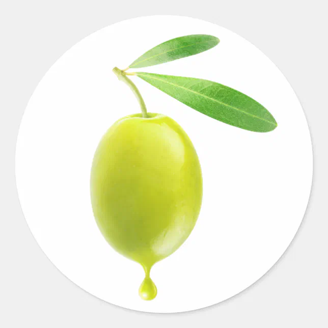 Green olive with drop of oil classic round sticker | Zazzle
